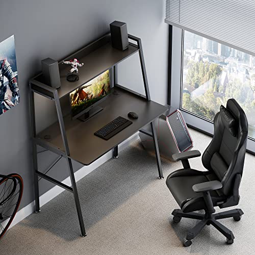 It's_Organized Computer Ladder Desk with Shelves, 43" for Small Spaces Saving Home Office Bedroom Workstation PC Laptop Study Writing Gaming Table with Storage Shelf Bookshelf Modern Black Metal Frame