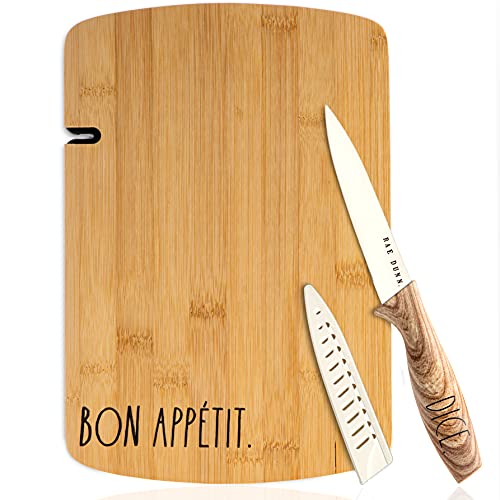 3 Piece "Bon Appetit" Bamboo Cutting Board and Knife Set - Chopping Board, Mini Charcuterie Board for Meat, Fruit and Cheese Board by - (White)