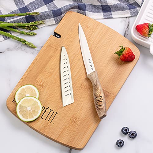 3 Piece "Bon Appetit" Bamboo Cutting Board and Knife Set - Chopping Board, Mini Charcuterie Board for Meat, Fruit and Cheese Board by - (White)