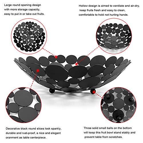 OwnMy Metal Fruit Bowl Basket Creative Table Centerpiece Fruit Stand Decorative Countertop Fruit Holder for Kitchen Counter, Iron Large Fruit Plate Round Storage Tray for Bread Snacks Candy (Black)