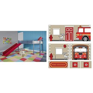 dhp junior twin metal loft bed with slide, multifunctional design, silver with red slide & fire department design curtain set for junior loft bed, kids furniture, blue