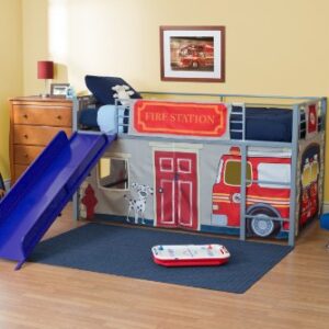 DHP Junior Twin Metal Loft Bed with Slide, Multifunctional Design, Silver with Red Slide & Fire Department Design Curtain Set for Junior Loft Bed, Kids Furniture, Blue