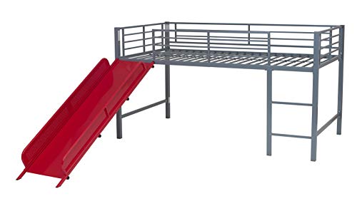 DHP Junior Twin Metal Loft Bed with Slide, Multifunctional Design, Silver with Red Slide & Fire Department Design Curtain Set for Junior Loft Bed, Kids Furniture, Blue