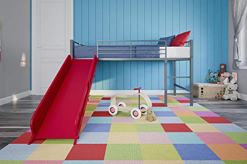 DHP Junior Twin Metal Loft Bed with Slide, Multifunctional Design, Silver with Red Slide & Fire Department Design Curtain Set for Junior Loft Bed, Kids Furniture, Blue