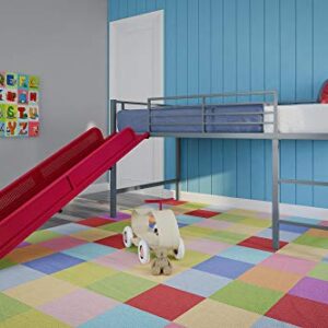 DHP Junior Twin Metal Loft Bed with Slide, Multifunctional Design, Silver with Red Slide & Fire Department Design Curtain Set for Junior Loft Bed, Kids Furniture, Blue