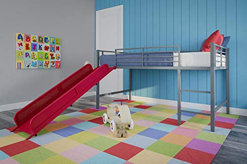 DHP Junior Twin Metal Loft Bed with Slide, Multifunctional Design, Silver with Red Slide & Fire Department Design Curtain Set for Junior Loft Bed, Kids Furniture, Blue