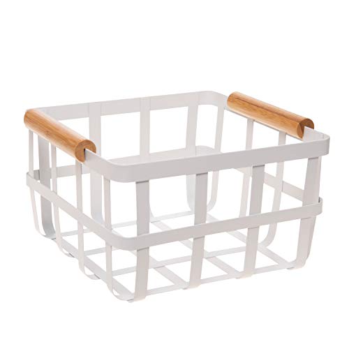 Simplify Square Metal Storage Basket with Bamboo Handles | Medium | Farmhouse Style Wire Basket | Home Organizer | Decorative | Rustic | White