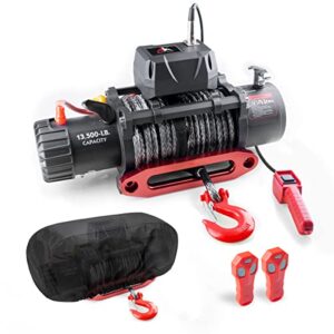 rock-hulk 13500 lb waterproof synthetic rope winch load capacity electric winch kit,winch with wireless handheld remotes and wired handle.