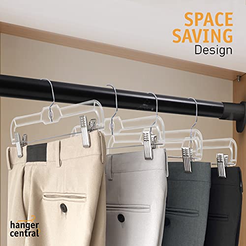 Hanger Central Space Saving Heavy Duty Slim Clear Pants Hangers, Ridged Non-Slip with Adjustable Pinch Clips, 360-Rotating Chrome Swivel Hook, 14 Inch, 25 Pack