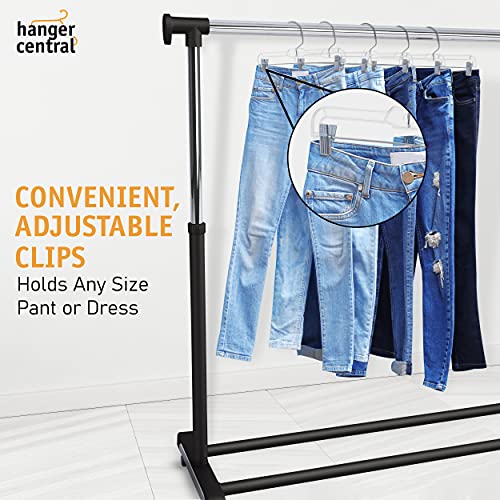 Hanger Central Space Saving Heavy Duty Slim Clear Pants Hangers, Ridged Non-Slip with Adjustable Pinch Clips, 360-Rotating Chrome Swivel Hook, 14 Inch, 25 Pack