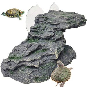 turtle basking platform reptile climbing shale resin step ledge stone aquarium ornament rock landscaping decoration with suction cups for frogs newts amphibians lizard (medium:8.2”lx3.3”wx3.1”h)