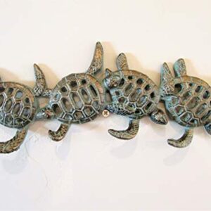 Cast Iron 11.5" Seafoam Green Bronze Sea Turtle Coat Hat Key Purse Bag 4 Hook Rack