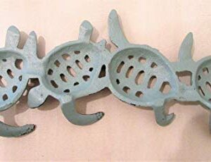 Cast Iron 11.5" Seafoam Green Bronze Sea Turtle Coat Hat Key Purse Bag 4 Hook Rack