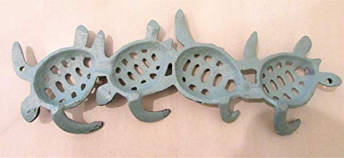 Cast Iron 11.5" Seafoam Green Bronze Sea Turtle Coat Hat Key Purse Bag 4 Hook Rack