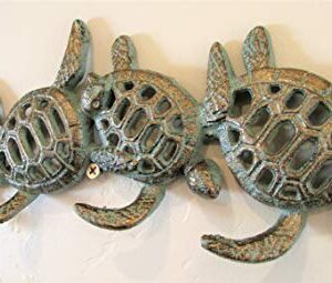 Cast Iron 11.5" Seafoam Green Bronze Sea Turtle Coat Hat Key Purse Bag 4 Hook Rack