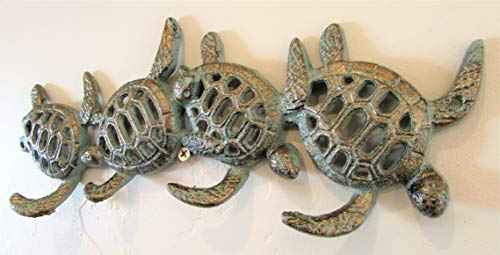 Cast Iron 11.5" Seafoam Green Bronze Sea Turtle Coat Hat Key Purse Bag 4 Hook Rack