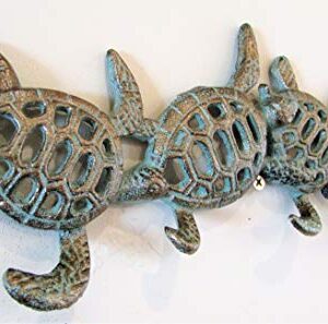 Cast Iron 11.5" Seafoam Green Bronze Sea Turtle Coat Hat Key Purse Bag 4 Hook Rack