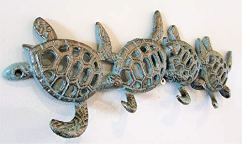 Cast Iron 11.5" Seafoam Green Bronze Sea Turtle Coat Hat Key Purse Bag 4 Hook Rack