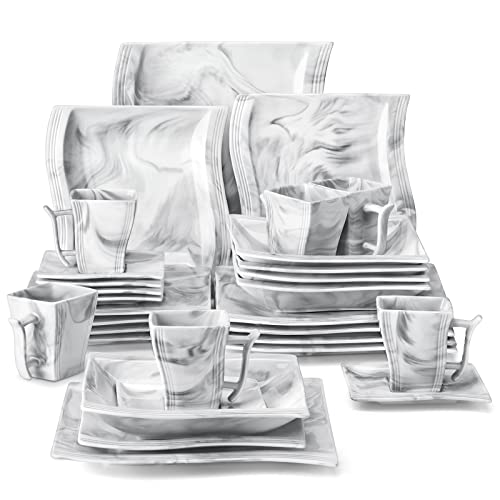 MALACASA Dinnerware Sets, 30 Piece Porcelain Square Plates and Bowls Sets for 6, Marble Grey Dinner Set with Dishes, Dinner Plate Set, Cups and Saucers, Modern Dinnerware Set, Series Flora