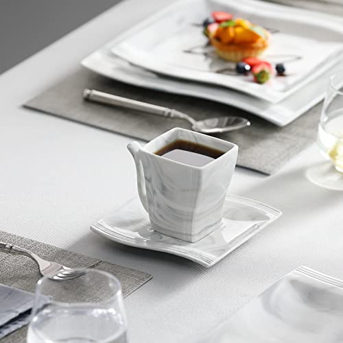 MALACASA Dinnerware Sets, 30 Piece Porcelain Square Plates and Bowls Sets for 6, Marble Grey Dinner Set with Dishes, Dinner Plate Set, Cups and Saucers, Modern Dinnerware Set, Series Flora