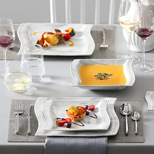 MALACASA Dinnerware Sets, 30 Piece Porcelain Square Plates and Bowls Sets for 6, Marble Grey Dinner Set with Dishes, Dinner Plate Set, Cups and Saucers, Modern Dinnerware Set, Series Flora