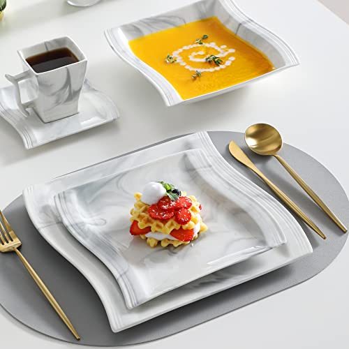 MALACASA Dinnerware Sets, 30 Piece Porcelain Square Plates and Bowls Sets for 6, Marble Grey Dinner Set with Dishes, Dinner Plate Set, Cups and Saucers, Modern Dinnerware Set, Series Flora