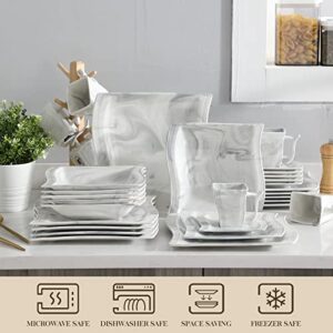 MALACASA Dinnerware Sets, 30 Piece Porcelain Square Plates and Bowls Sets for 6, Marble Grey Dinner Set with Dishes, Dinner Plate Set, Cups and Saucers, Modern Dinnerware Set, Series Flora