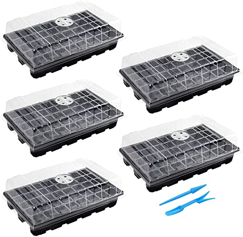 MIXC Seedling Trays Seed Starter Tray, 5-Pack Mini Propagator Plant Grow Kit Greenhouse with Humidity Vented Domes and Base for Seeds' Starting (40 Cells Per Tray, Total 200 Cells), Black