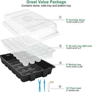 MIXC Seedling Trays Seed Starter Tray, 5-Pack Mini Propagator Plant Grow Kit Greenhouse with Humidity Vented Domes and Base for Seeds' Starting (40 Cells Per Tray, Total 200 Cells), Black