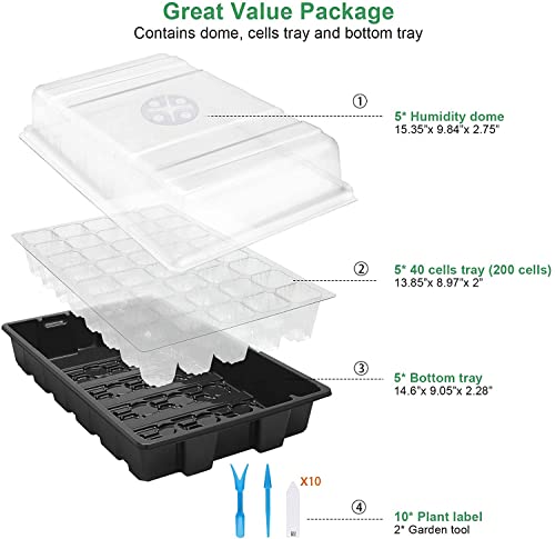 MIXC Seedling Trays Seed Starter Tray, 5-Pack Mini Propagator Plant Grow Kit Greenhouse with Humidity Vented Domes and Base for Seeds' Starting (40 Cells Per Tray, Total 200 Cells), Black