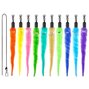 meohui cat wand toys refills, cat feather toys accessories, 10pcs squiggly worms replacements and 1pc replacement string for cat fishing pole, assorted teaser refills with bell for indoor cats kitten