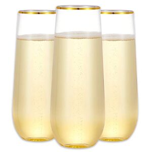 n9r 12 pack plastic champagne flutes, 9 oz stemless disposable gold rim toasting glasses, crystal clear cocktail cups drinkware shatterproof ideal for party wedding birthday