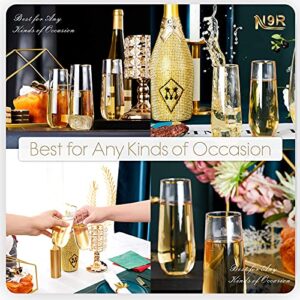 N9R 12 Pack Plastic Champagne Flutes, 9 oz Stemless Disposable Gold Rim Toasting Glasses, Crystal Clear Cocktail Cups Drinkware Shatterproof Ideal for Party Wedding Birthday