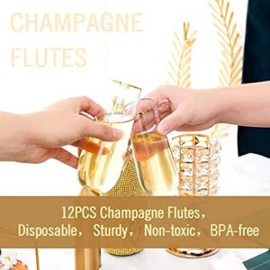 N9R 12 Pack Plastic Champagne Flutes, 9 oz Stemless Disposable Gold Rim Toasting Glasses, Crystal Clear Cocktail Cups Drinkware Shatterproof Ideal for Party Wedding Birthday