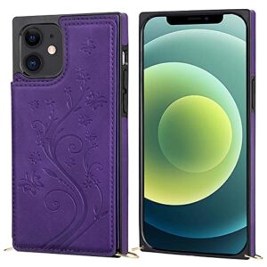 KIHUWEY Compatible with iPhone 12 iPhone 12 Pro Crossbody Wallet Case with Card Slots, Embossed Pattern Wrist Strap Kickstand Shoulder Crossbody Cover Case 6.1 Inch (Purple)