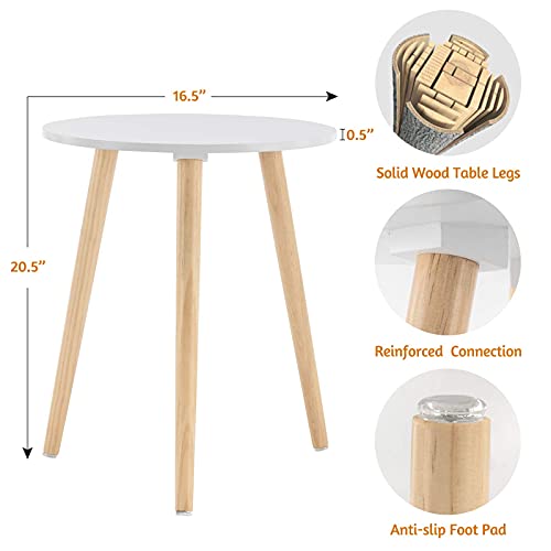 Apicizon Round Side Table, White Nightstand Coffee End Table for Living Room, Bedroom, Small Spaces, Easy Assembly Modern Home Decor Bedside Table with Natural Wood Legs, 16.5 x 20.5 Inches