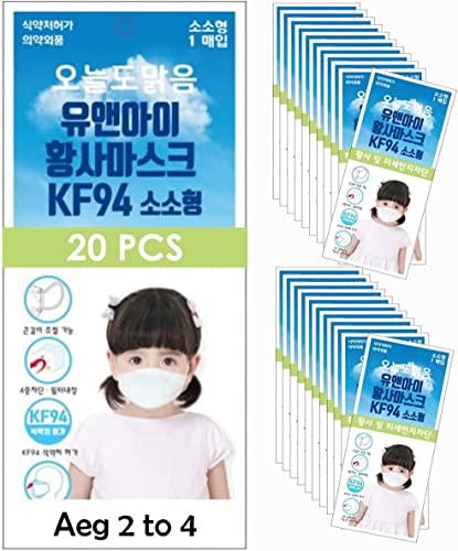 (Pack of 20) You and I KF94 Kids Face Mask, Age 2 to 4, 3-Layer Filters, Protective Nose Mouth Covering Dust Mask, Individual Packs, Made in Korea, Whtie KF94 Masks.