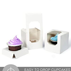 Shallive 100 Pcs Individual Cupcake Box White with Insert, 3.5" Treat Boxes with Window Bulk for Hot Cocoa Bombs and Cookies, Pre-Assembled for Easter Wedding Birthday Baby Shower Party