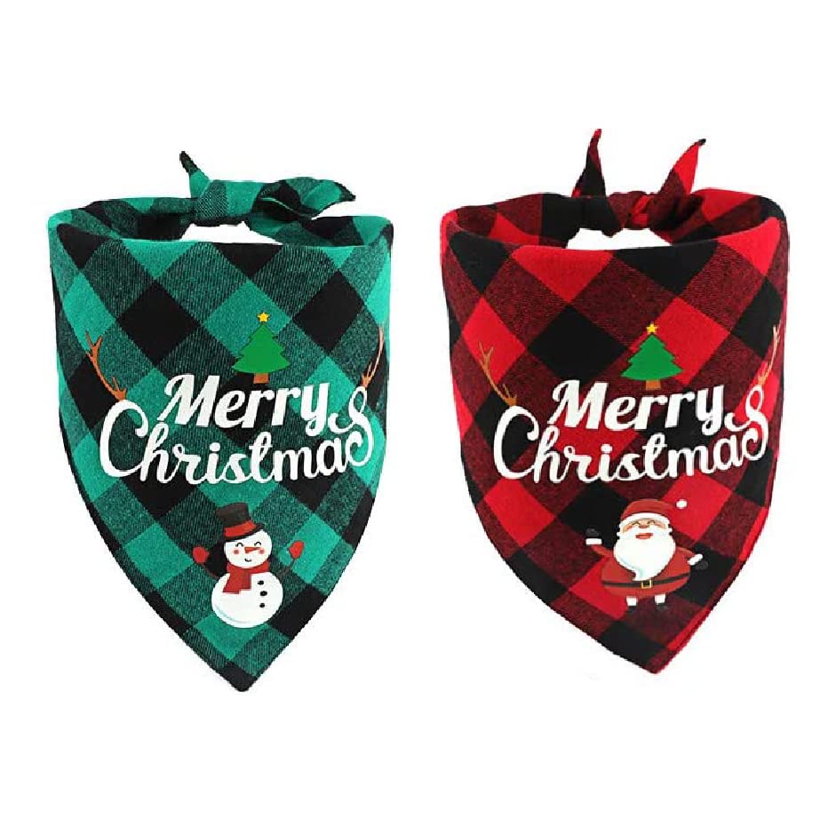 VIPITH 2 Piece Double-Sided Cotton Dog Christmas Bandanas, Classic Plaid Triangle Bibs Scarf, Washable Adjustable Kerchief Set Pet Costume Accessories for Small Medium Large Dogs Cats Pets