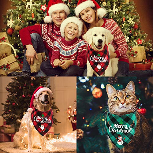 VIPITH 2 Piece Double-Sided Cotton Dog Christmas Bandanas, Classic Plaid Triangle Bibs Scarf, Washable Adjustable Kerchief Set Pet Costume Accessories for Small Medium Large Dogs Cats Pets