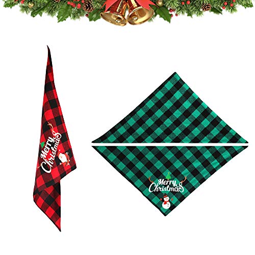 VIPITH 2 Piece Double-Sided Cotton Dog Christmas Bandanas, Classic Plaid Triangle Bibs Scarf, Washable Adjustable Kerchief Set Pet Costume Accessories for Small Medium Large Dogs Cats Pets