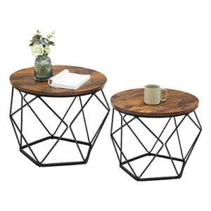 vasagle small coffee table set of 2, round coffee table with steel frame, side end table for living room, bedroom, office, rustic brown and black