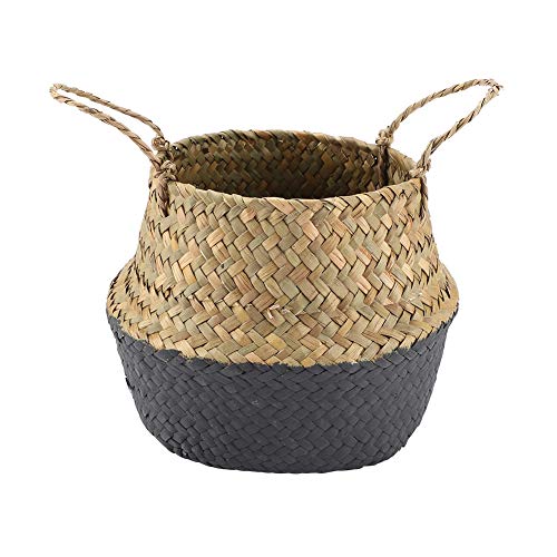 LetCart Storage Basket - Foldable Natural Seagrass Woven Clothes Storage Organizer Flower Plant Pot Basket(Black)