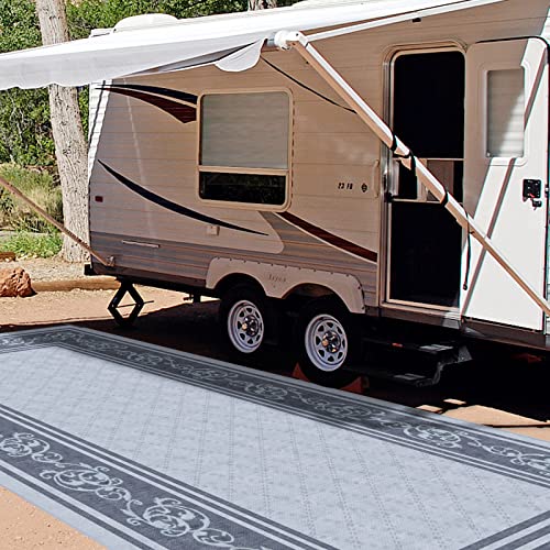 EEZ RV Products 9x18VG Heavy Duty Reversible/Durable Outdoor Patio/RVing Mats(9ft x18ft Vine Grey) Come with Large Storage Bag & 6 Sets of Stakes and Washer