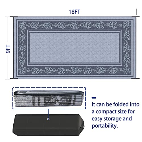 EEZ RV Products 9x18VG Heavy Duty Reversible/Durable Outdoor Patio/RVing Mats(9ft x18ft Vine Grey) Come with Large Storage Bag & 6 Sets of Stakes and Washer