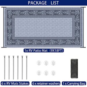 EEZ RV Products 9x18VG Heavy Duty Reversible/Durable Outdoor Patio/RVing Mats(9ft x18ft Vine Grey) Come with Large Storage Bag & 6 Sets of Stakes and Washer