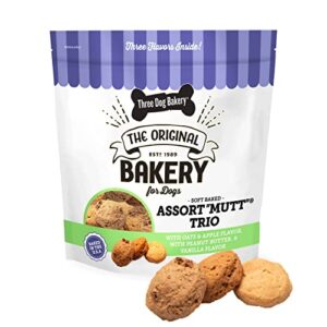 three dog bakery assort mutt cookie trio, soft baked treats for dogs, three flavor; oatmeal and apple, peanut butter, and vanilla, 3 pound bulk resealable pack