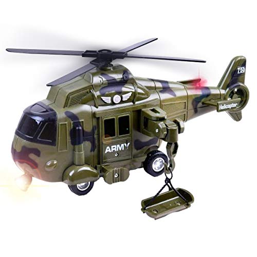 Liberty Imports Army Rescue Helicopter Friction Powered Toy Military Vehicle for Boys | Push and Go Chopper with Pretend Play Action Lights and Sounds (Military)