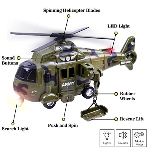 Liberty Imports Army Rescue Helicopter Friction Powered Toy Military Vehicle for Boys | Push and Go Chopper with Pretend Play Action Lights and Sounds (Military)