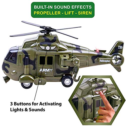 Liberty Imports Army Rescue Helicopter Friction Powered Toy Military Vehicle for Boys | Push and Go Chopper with Pretend Play Action Lights and Sounds (Military)